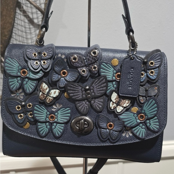 Coach | Bags | Coach Blue And Black Butterfly Embellished Shoulder Bag ...